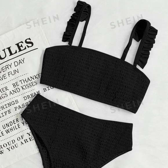 SHEIN | Swim | Smocked Frill Trim Bathing Suit Set In Black | Poshmark